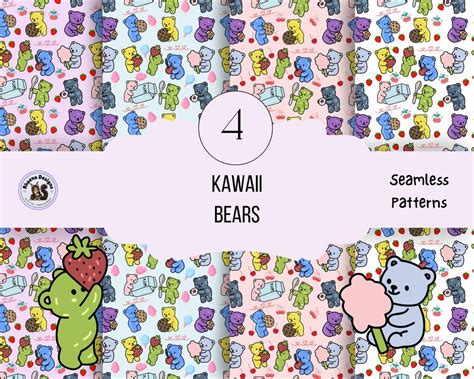 Kawaii Bear Seamless Pattern Scrapbook Paper Fabric Design Digital