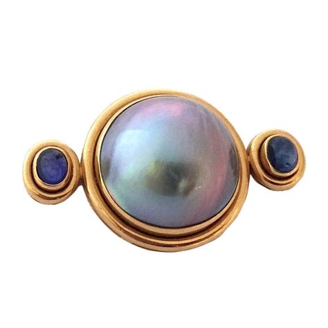 Elizabeth Locke Mabe Pearl Sapphire Gold Brooch Mabe Pearl Pearls