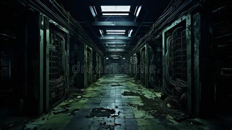 Abandoned Server Bay With Dimly Lit Hallway Atmosphere Stock