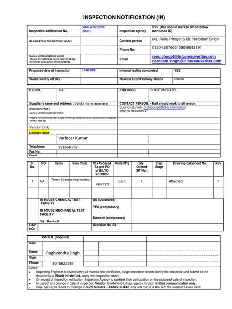 Inspection Notification Format Manan Metal Pdf Service Industries