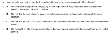 Solved In A Financial Statement Audit Inherent Risk Is