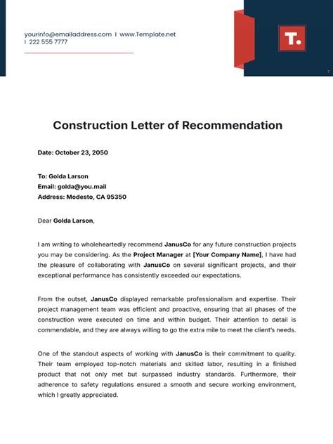 Construction Letter Of Recommendation Template Pdf