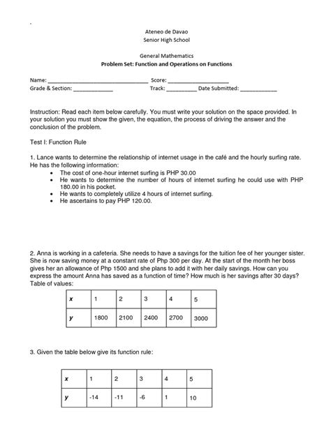 Problem Set 10 Functions And Operations On Functions Pdf