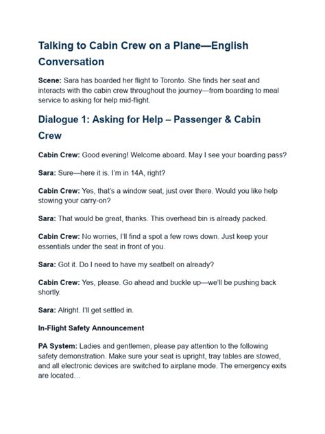 Talking To Cabin Crew On A Plane English Conversation Pdf Flight