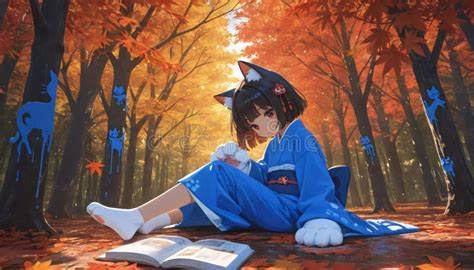 Playful Anime Cat Girl Reading In Blue Kimono In Autumn Forest Stock