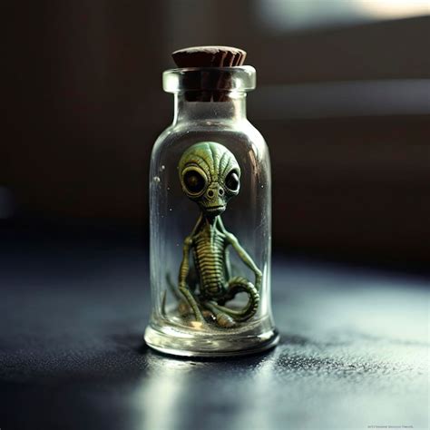 Premium Ai Image Small Green Alien In A Glass Bottle On A Dark Background