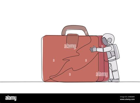 Single One Line Drawing Young Energetic Astronaut Hugging Giant