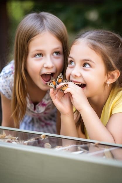 Premium Ai Image Two Excited Young Girls Looking At A Butterfly