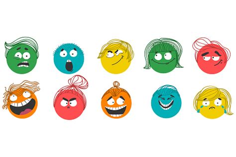 다른 머리카락을 가진 다채로운 캐릭터 세트 다양한 감정과 라운드 만화 얼굴 만화 스타일 플랫 디자인 손으로 그린 트렌디 한 벡터 일러스트 T 셔츠에 대한 스톡 벡터 아트 및