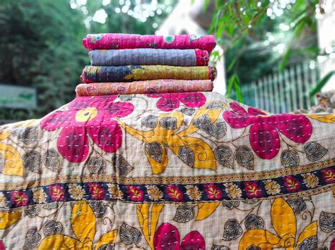 Boho Bedspread Cotton Kantha Blankets Vintage Handstitched Reversible