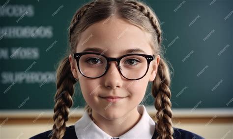 Premium Photo Portrait Of Cute Schoolgirl In Eyeglasses Looking At Camera In Classroom