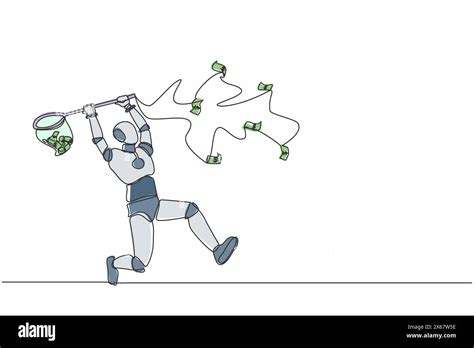 Single Continuous Line Drawing Robot Trying To Catch Flying Money With Butterfly Net Robotic