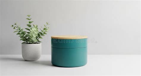 A Teal Container With A Wooden Lid Next To A White Plant Pot On A White
