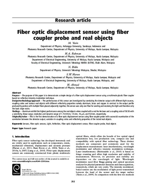Pdf Fiber Optic Displacement Sensor Using Fiber Coupler Probe And Real Objects Harith Ahmad