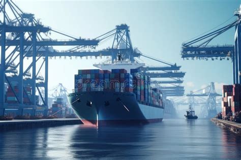 Container Ship At The Berth In Cargo Terminal Of The Port Under Loading Or Unloading Port