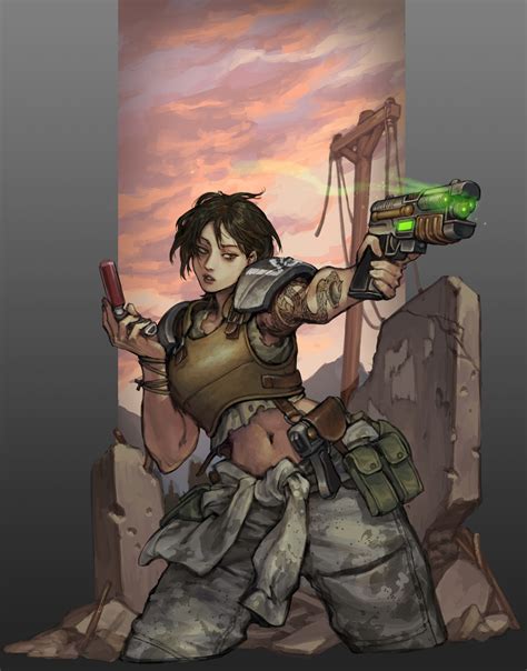 Penett Fallout Highres 1girl Aiming Ammunition Pouch Arm Tattoo