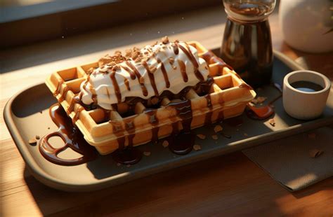Ai Generated Waffles On A Black Plate With Whipped Cream And Caramel