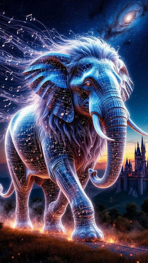 Digital Image Of A Shining Elephant Made Of Musical Notes In A Starry