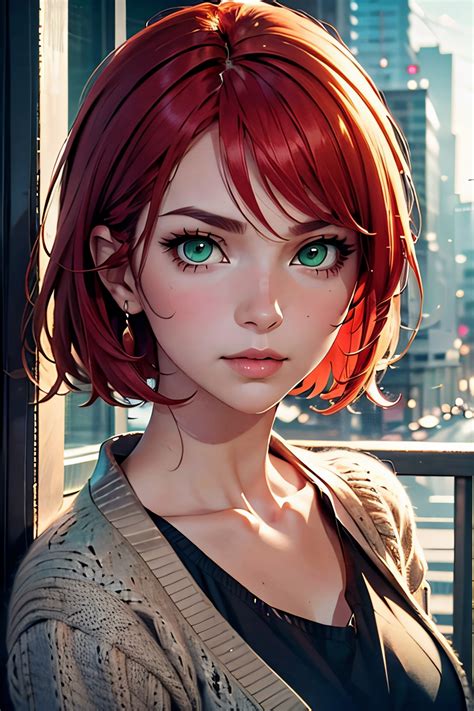 Anime Girl With Short Red Hair And Green Eyes