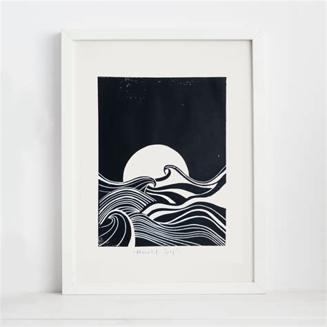 Moonlit Surf Lino Print Colour And Space