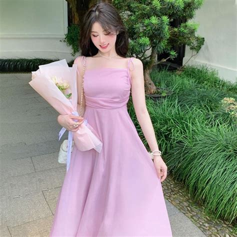 핑크 오간자 쉬폰 민소매 롱 원피스 셀프웨딩 파티