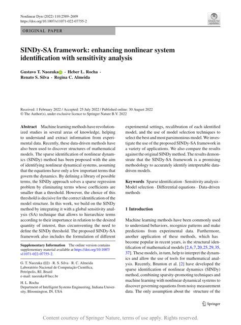 Sindy Sa Framework Enhancing Nonlinear System Identification With