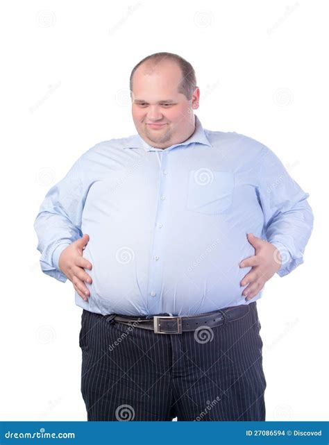Homem Gordo Feliz Em Uma Camisa Azul Foto De Stock Imagem De