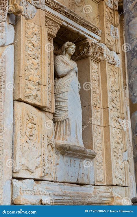 Sculpture Of Arete On Restored Facade Of Celsus Library In Ephesus