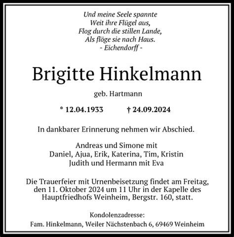 Traueranzeigen Von Brigitte Hinkelmann Trauer Hna De