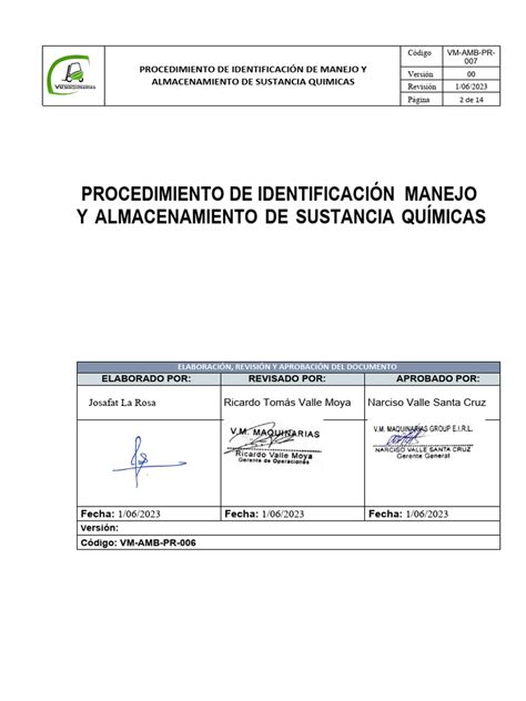 Identificación Manejo Y Almacenamiento De Sustancia Químicas V01 Pdf