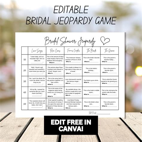 Bridal Jeopardy Editable Template Printable Game Bridal Shower