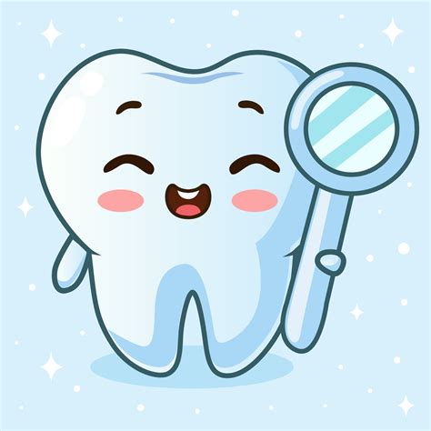 Linda Diente Personaje Y Dental Espejo En Dibujos Animados Estilo