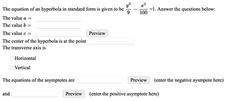 Solved The Equation Of An Hyperbola In Standard Form Is