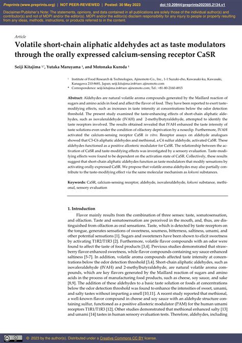 Pdf Volatile Short Chain Aliphatic Aldehydes Act As Taste Modulators