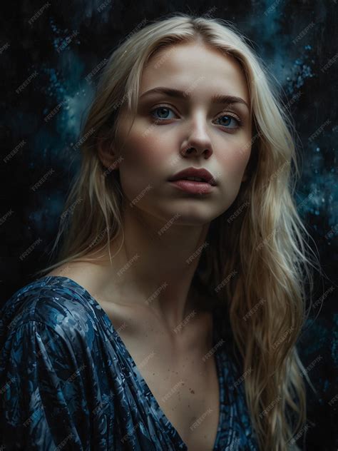 A Woman With Long Blonde Hair And A Blue Shirt With The Word Quot On It