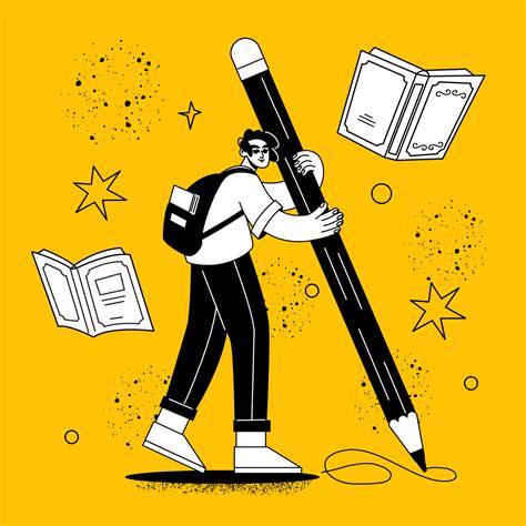 A Flat Student Stands And Holds A Pencil Men Study And Write The Guy