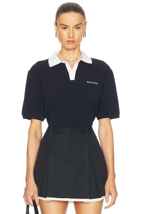Miu Miu Short Sleeve Polo Top In Blue Fwrd