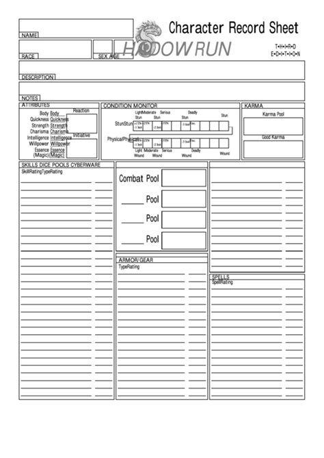 Shadowrun Character Sheet Ink Friendly Printable Pdf Download