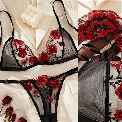 Stylish Womens Lingerie Set With Floral Embroidery Sheer Bra And Panty