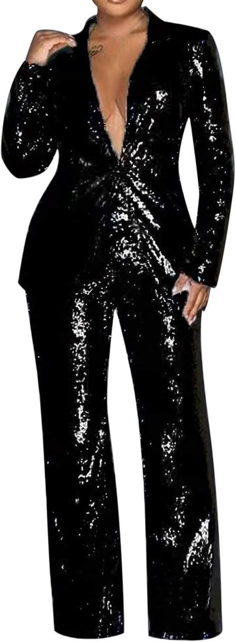 Sequin Pants Suit For Women Party Night 2 Piece Outfits Blazer Sets