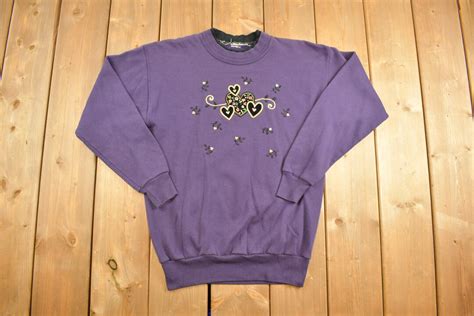 Vintage 1990s Heart Theme Embroidered Crewneck Sweater 90s Crewneck