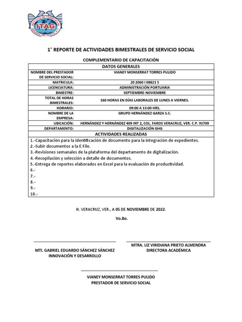 1° Reporte De Actividades Bimestrales De Servicio Social Pdf