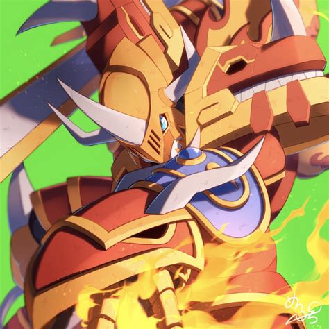 Kaisergreymon Digimon 1boy Armor Fire Horns Male Focus Solo
