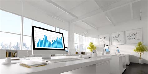 Modern Bright Office Interior With Financial Chart On Computer Screen
