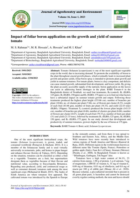 Pdf Impact Of Foliar Boron Application On The Growth And Yield Of