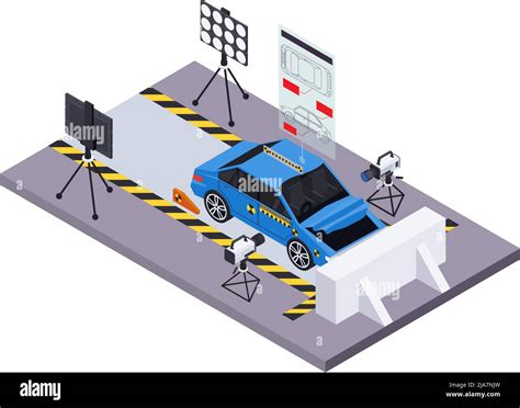 Crash Test Car Safety Isometric Composition With Test Track Scenery Lighting Equipment Cameras