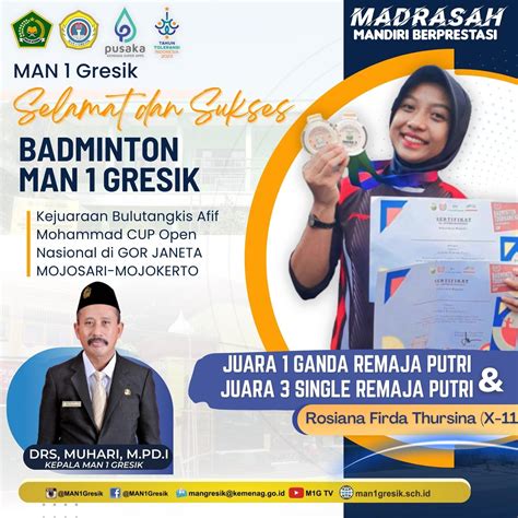 Siswa Man 1 Gresik Raih Juara 1 Ganda Putri Dalam Turnamen Bulu Tangkis Nasional Di Mojokerto