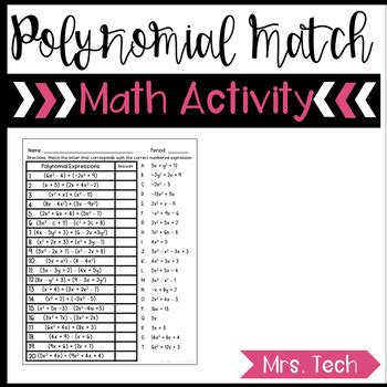 Adding Subtracting Polynomials Match Activity By MrsTech TpT