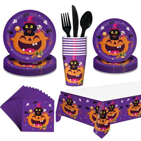 1set Halloween Party Disposable Tableware Include Paper Plates Cups Napkins Tablecloth For Home