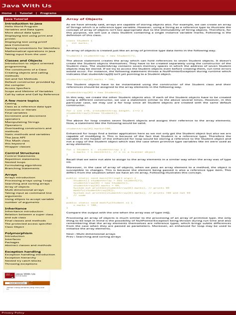 Array Of Objects Java Tutorial Java With Us Pdf Class Computer Programming
